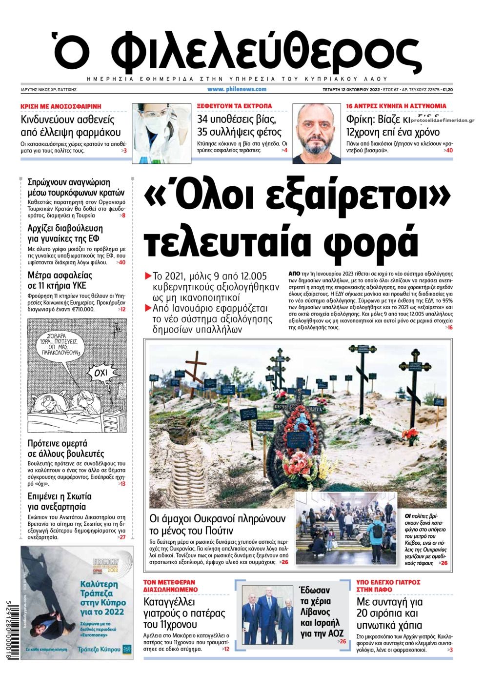 Πρωτοσέλιδο Ο Φιλελεύθερος Κύπρου 12-10-2022