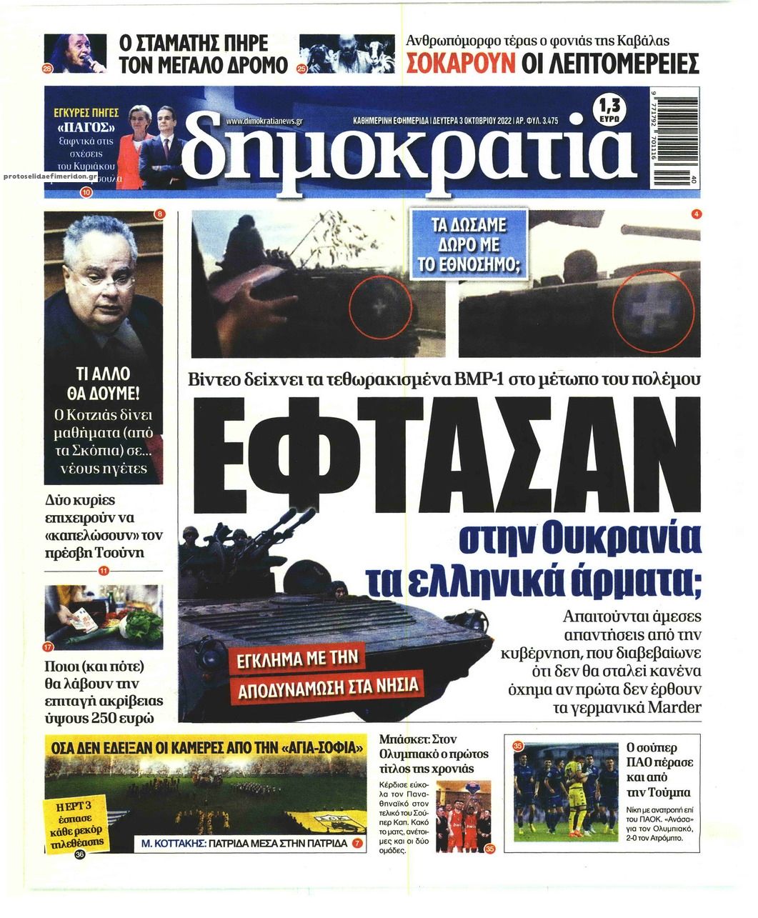 Πρωτοσέλιδο Δημοκρατία 3-10-2022
