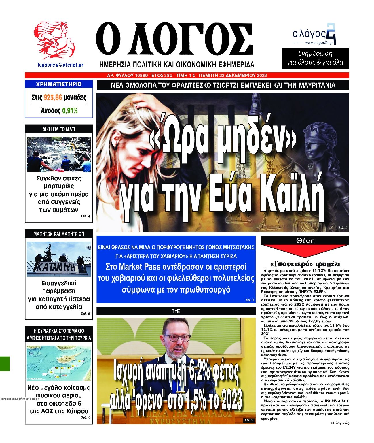 Πρωτοσέλιδο Λόγος 22-12-2022