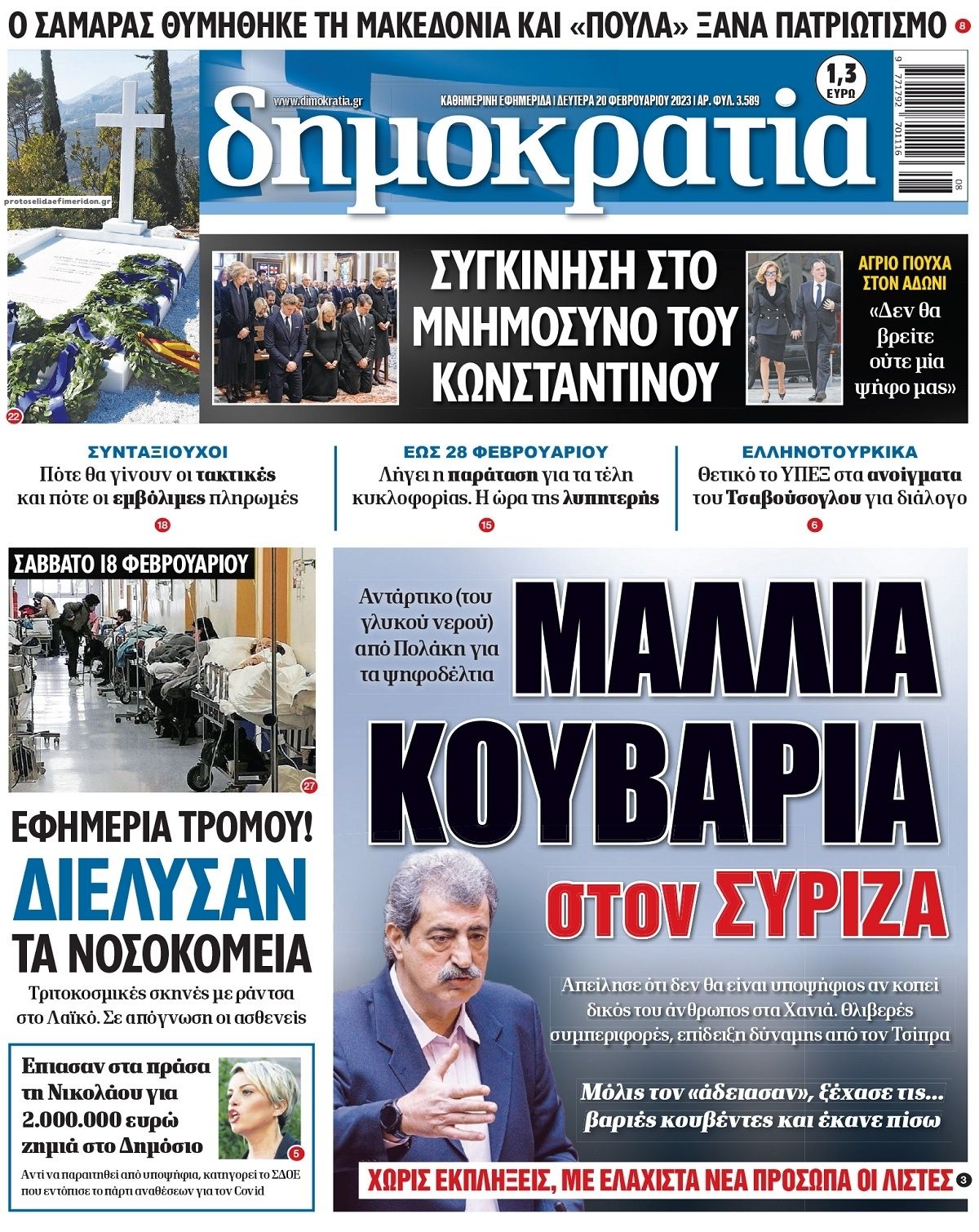 Πρωτοσέλιδο Δημοκρατία 20-02-2023
