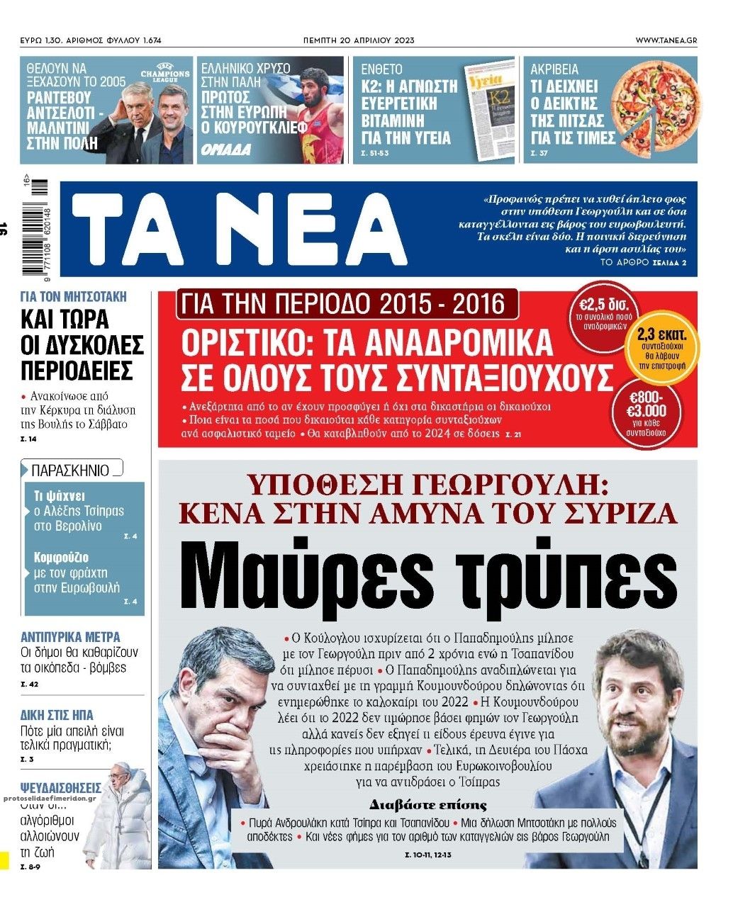 Πρωτοσέλιδο Τα Νέα 20-04-2023